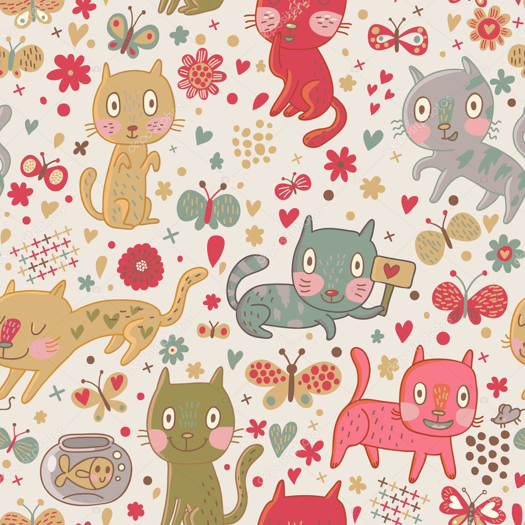 Funny cartoon seamless pattern. Cute cats and butterflies in flowers ...