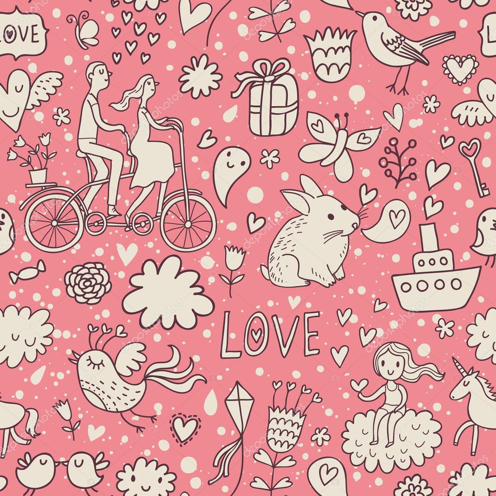 Cute romantic background in vector. Seamless pattern with lovers, birds ...