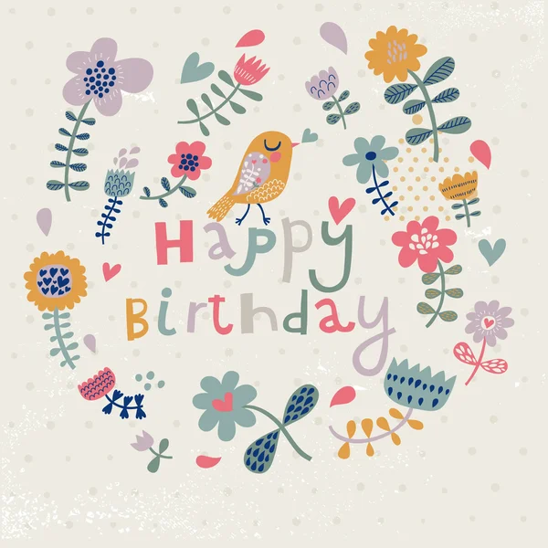 Hermosa tarjeta de felicitaci n feliz cumplea os con flores y aves. Vector fiesta invitaci n con ...