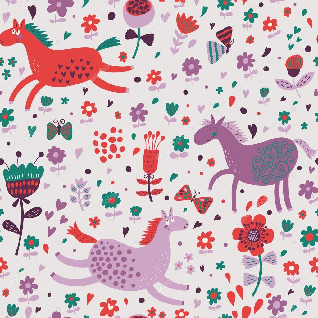 Childish cartoon seamless pattern funny horses in flowers. Seamless ...