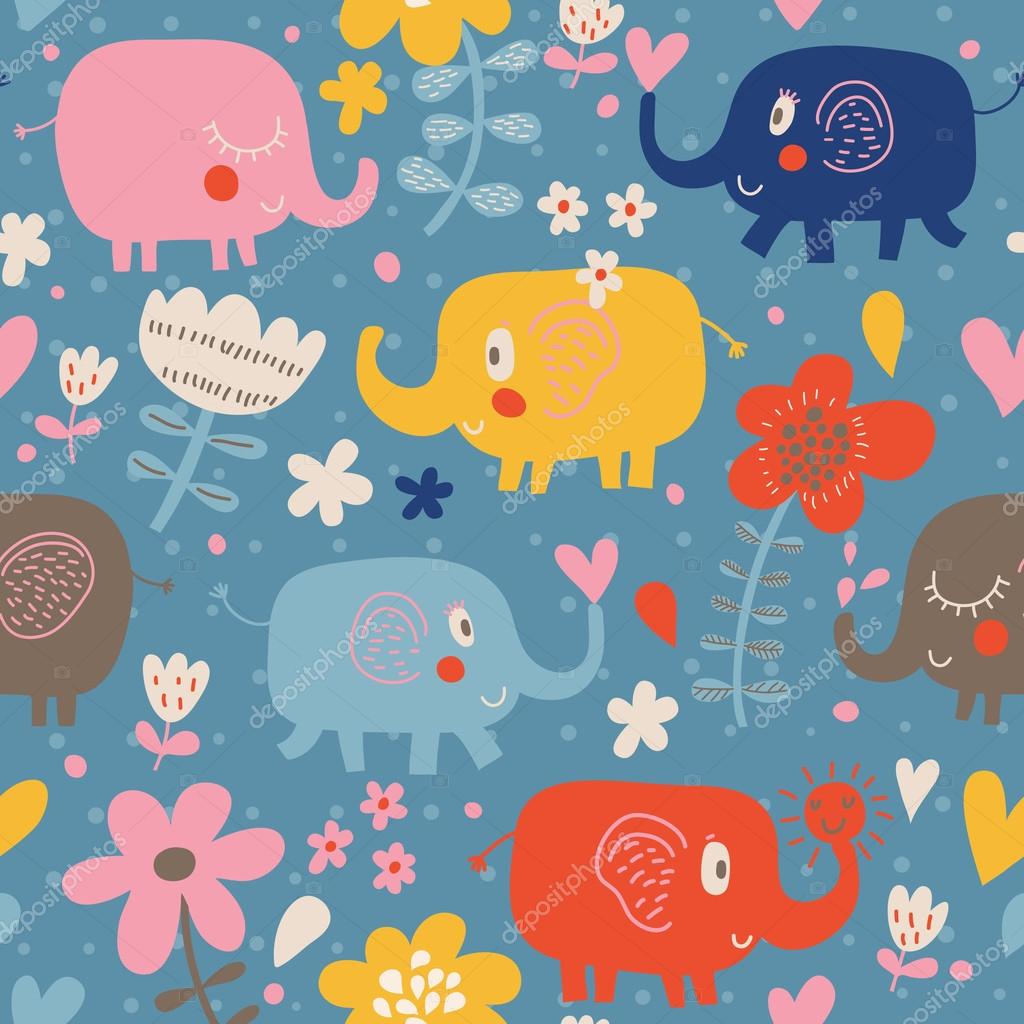 Cartoon funny childish elephants in flowers. Cute seamless pattern for ...