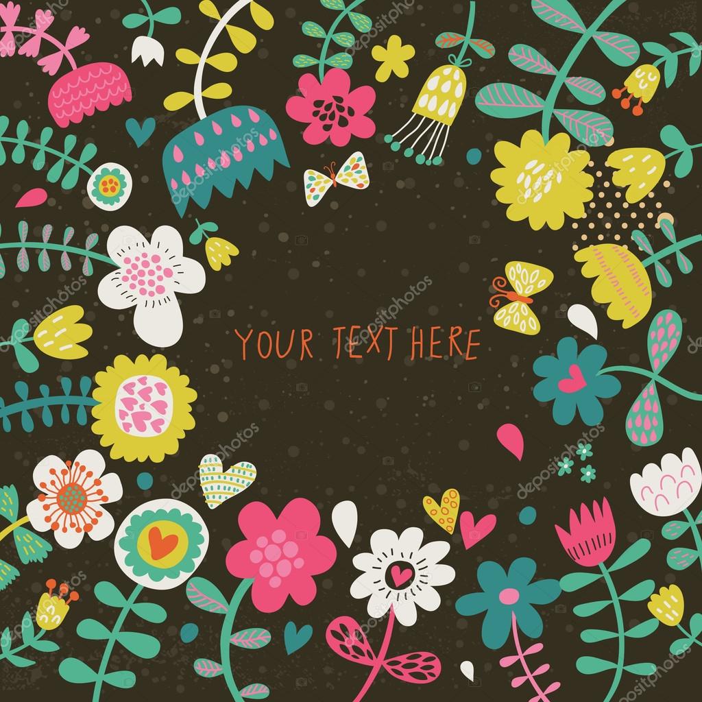 Spring floral background. Bright cartoon flowers butterflies in vector ...