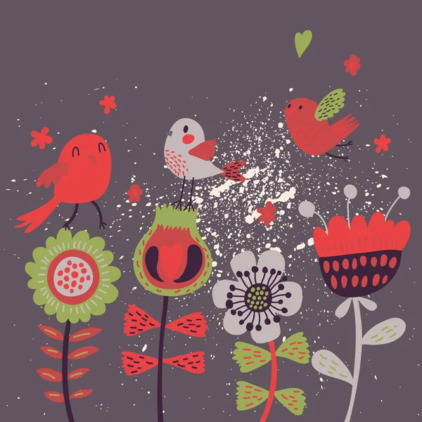Cute cartoon birds on flowers. Bright floral background in vector ...