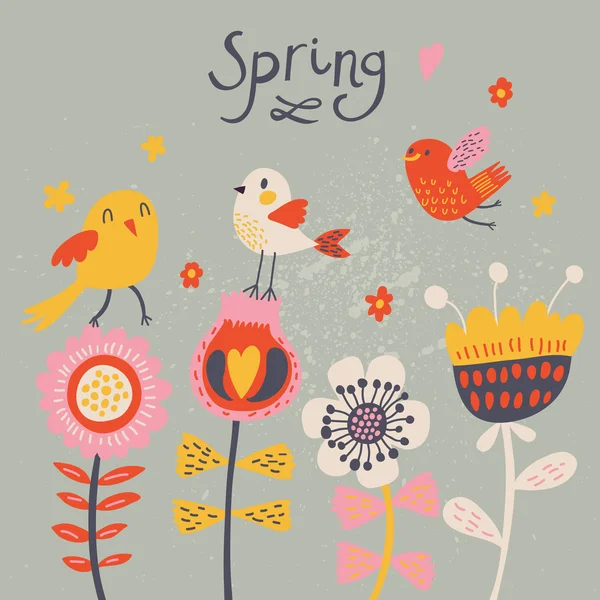 Cute cartoon birds on flowers. Bright floral background in vector ...