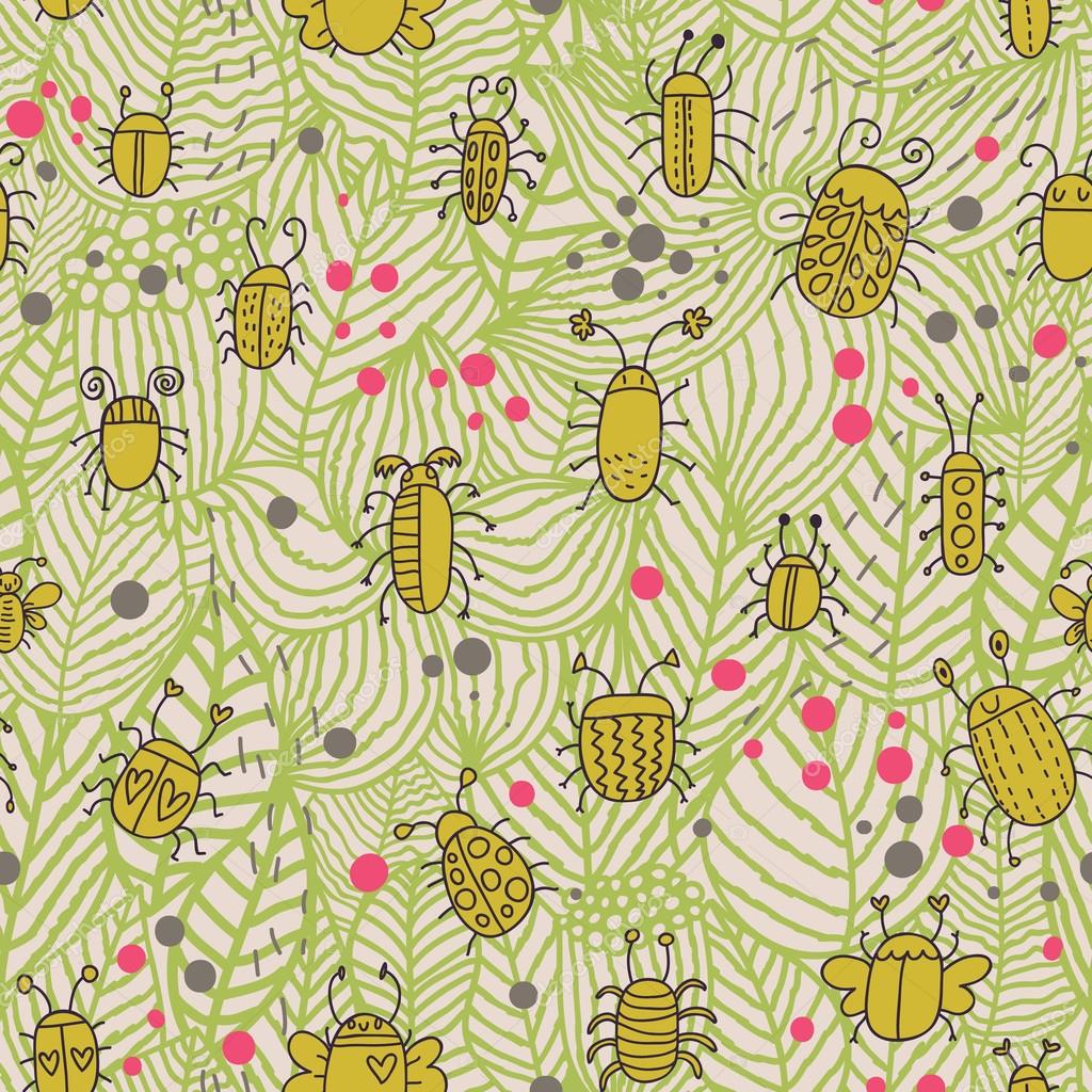 Vintage spring seamless pattern. Bugs in leafs cartoon background ...