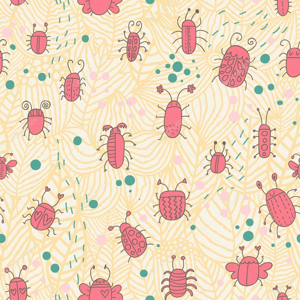 Vintage spring seamless pattern. Bugs in leafs cartoon background ...