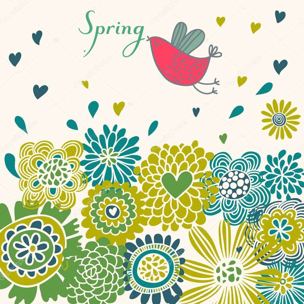 Spring floral background with cartoon bird Stock Vector Image by ...