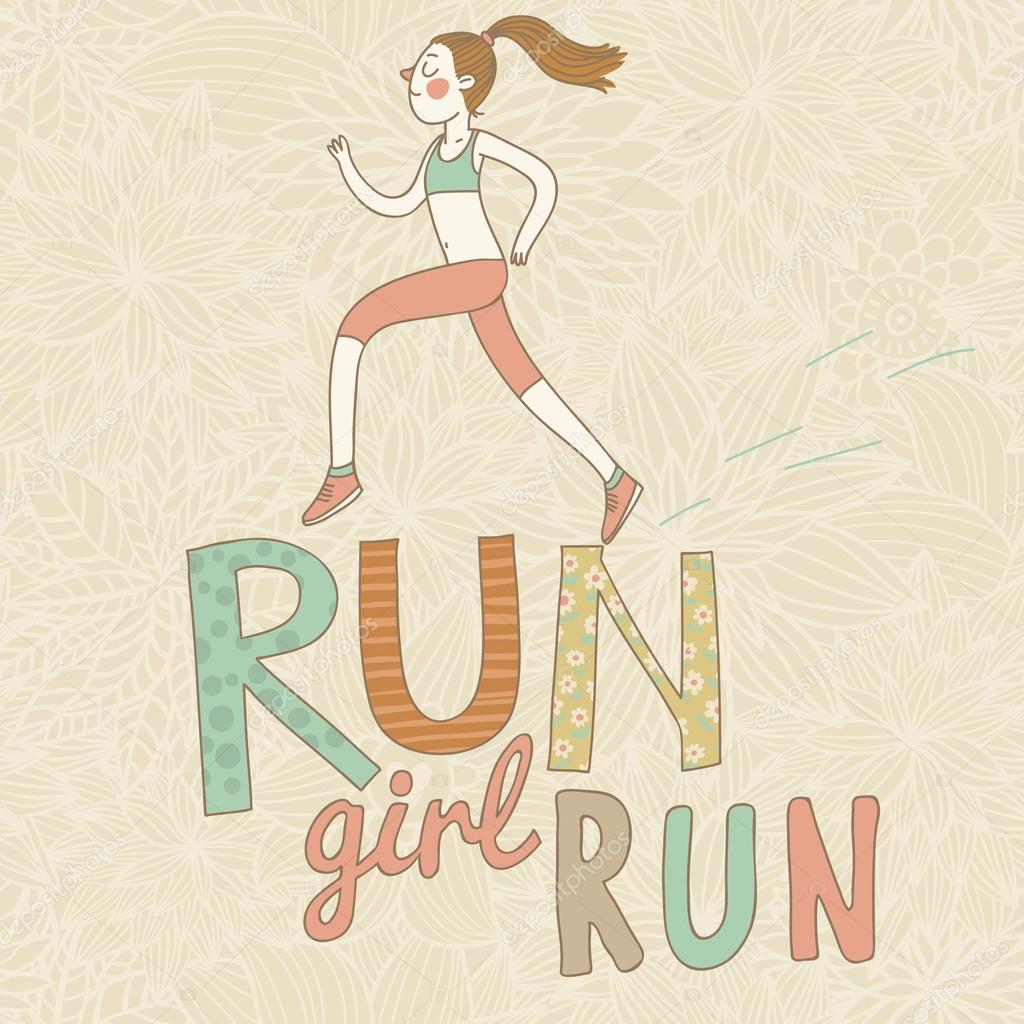 Run, girl, run. Cute cartoon girl running. Health care concept in ...