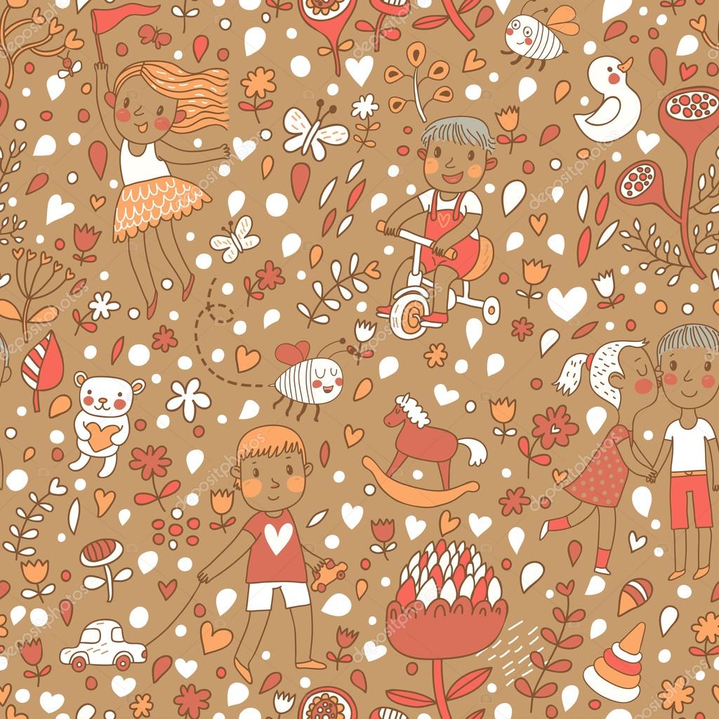Cute seamless pattern with children in the garden. Stock Vector Image ...