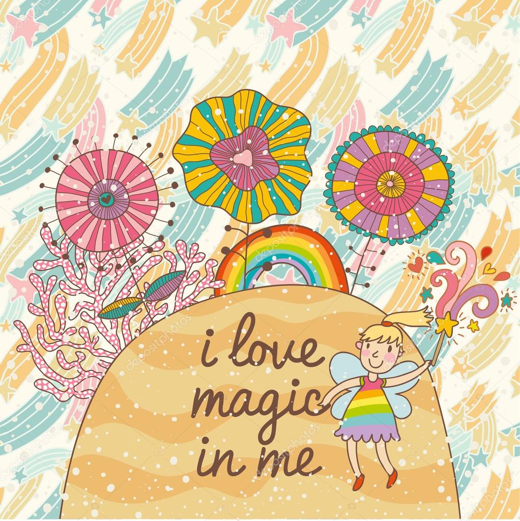 Cute vector background with magic flowers and small fairy ⬇ Vector ...