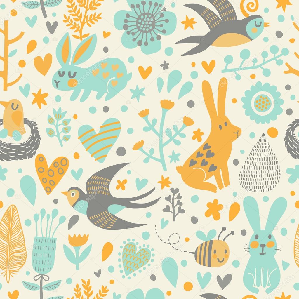 Birds swallows, rabbits, bee and flowers. Stock Vector Image by ...