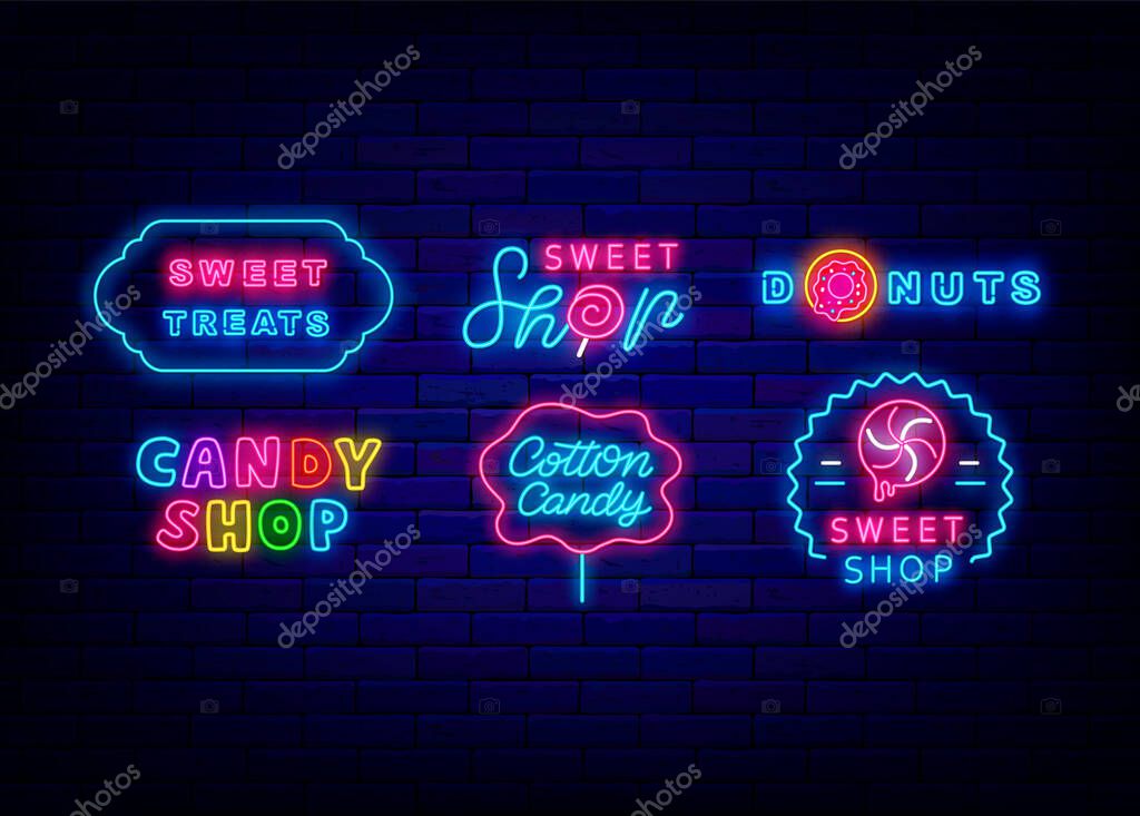 Caramelo tienda de texto letrero de neón. Recogida de firmas. Conjunto ...