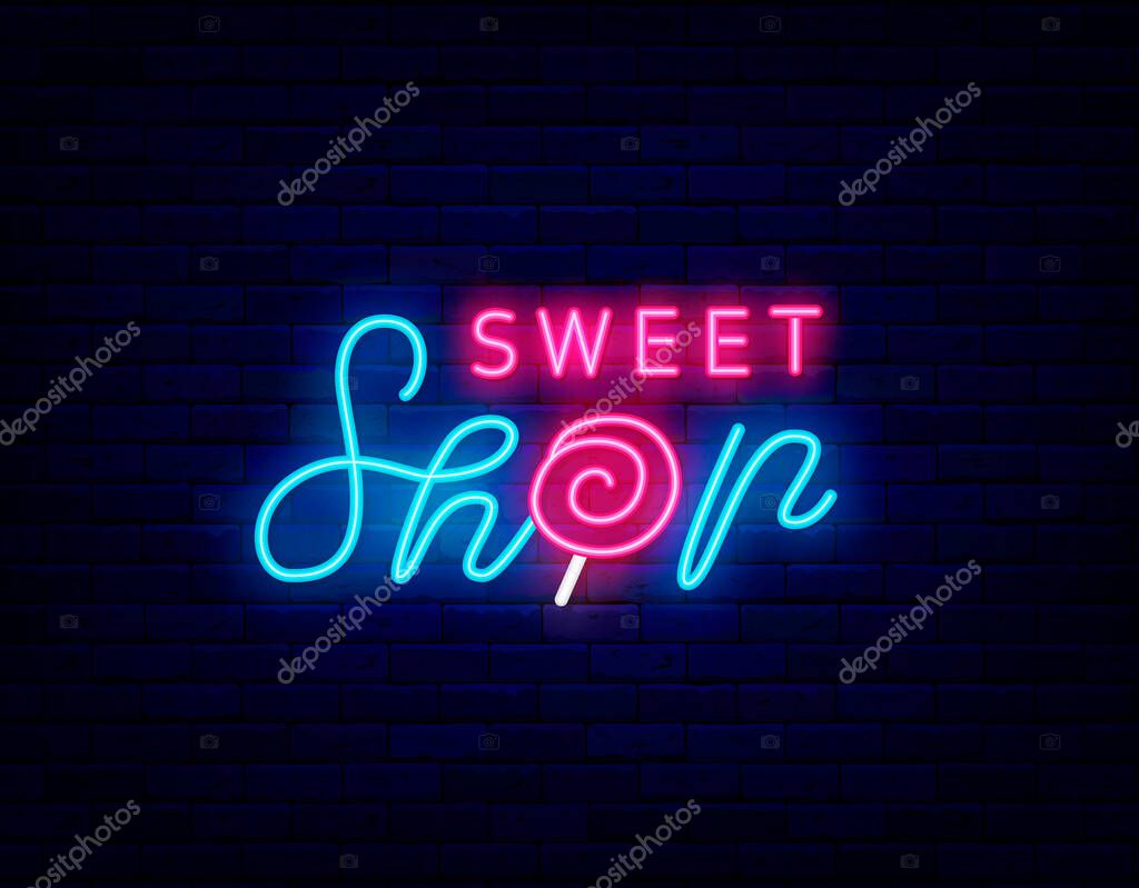 Sweet shop letrero de neón. Una barra de caramelo. Piruleta. Logotipo ...