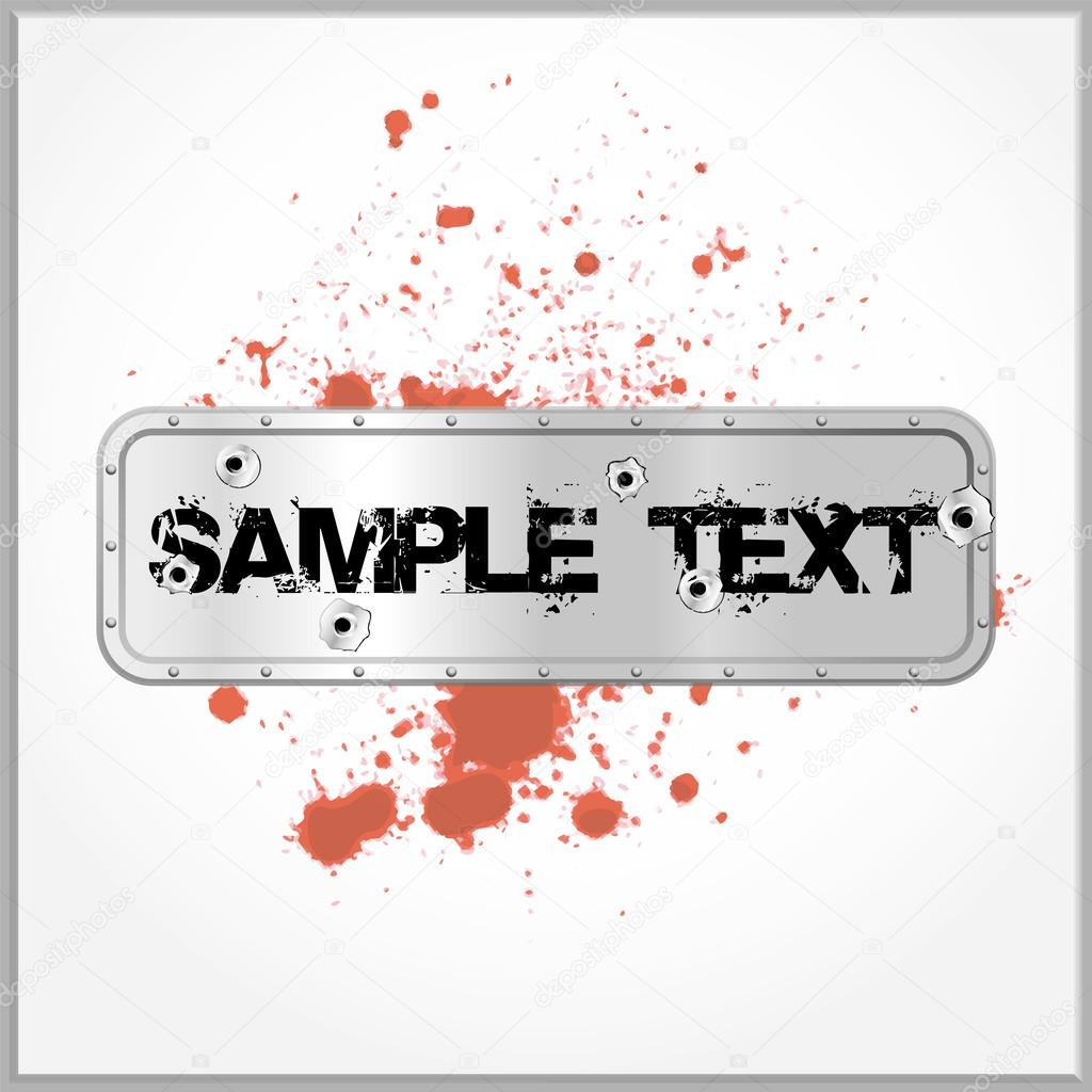 Distorted text with blood spatter on a metallic background with gunshot ...