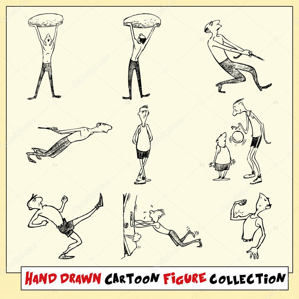 Hand drawn cartoon figure collection in black on light yellow ...
