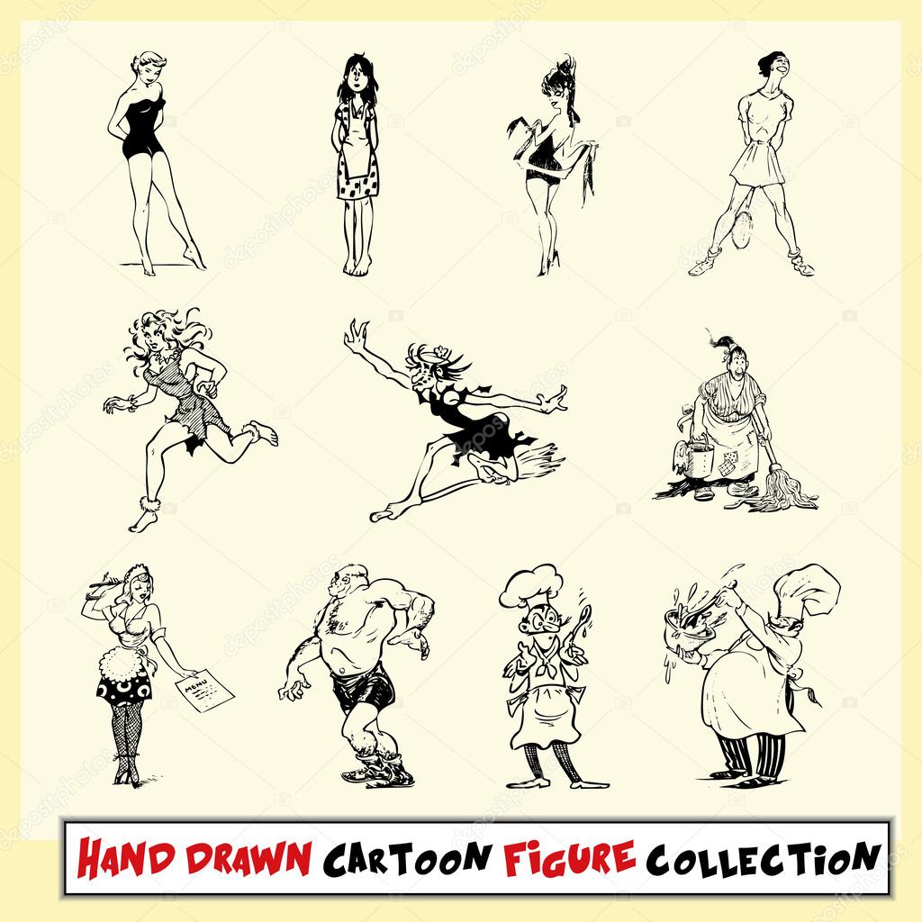 Hand drawn cartoon figure collection in black on light yellow ...