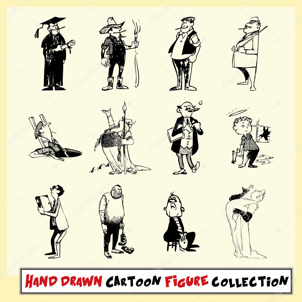 Hand drawn cartoon figure collection in black on light yellow ...
