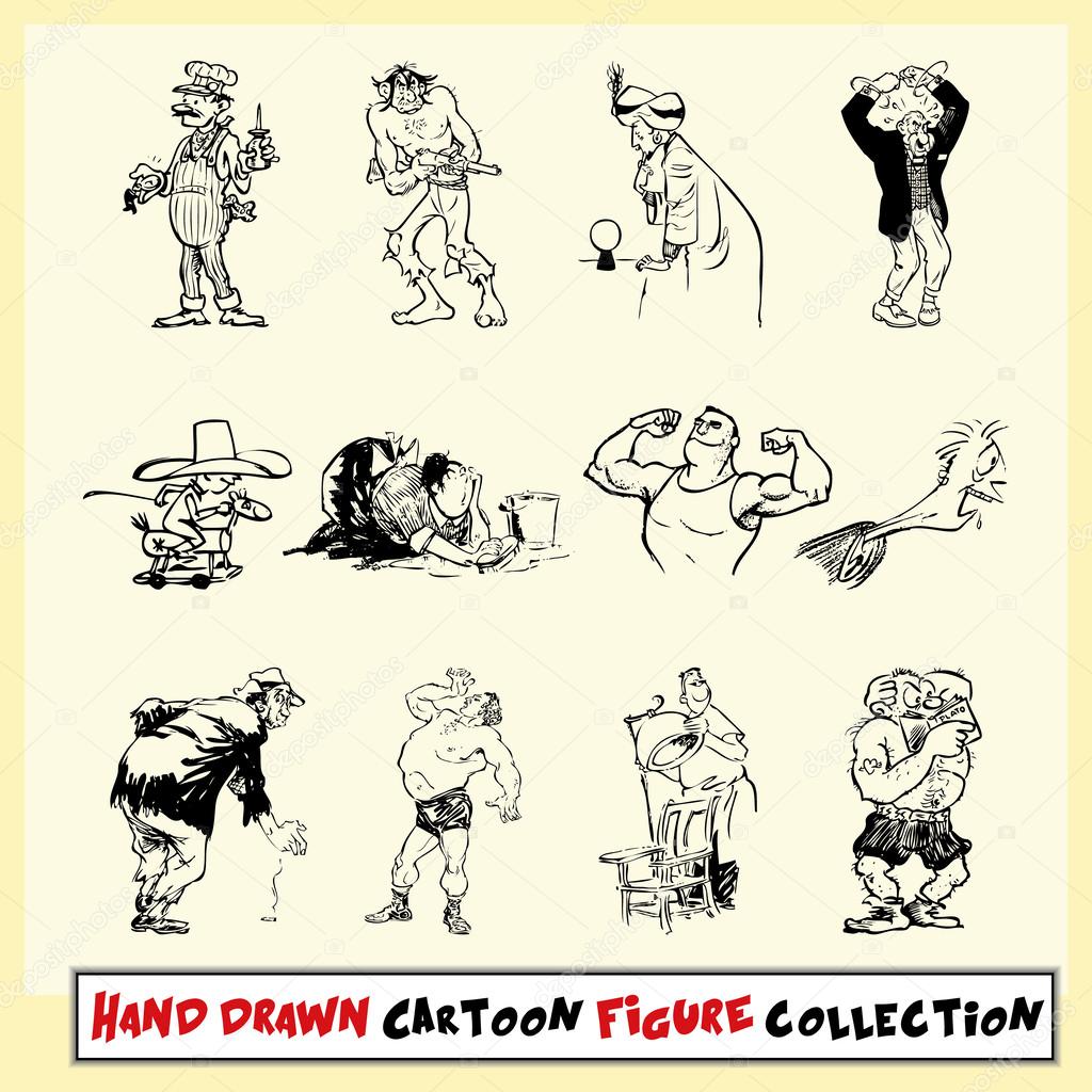 Hand drawn cartoon figure collection in black on light yellow ...