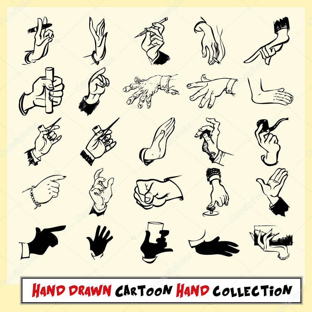 Hand drawn cartoon hand collection in black on light yellow background ...