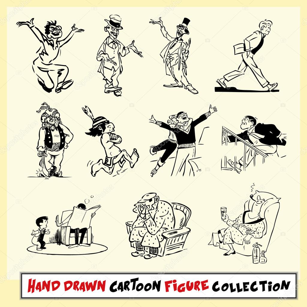 Hand drawn cartoon figure collection in black on light yellow ...