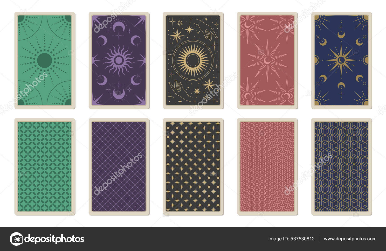 Back of tarot cards. Vector template for card deck with sun, moon ...