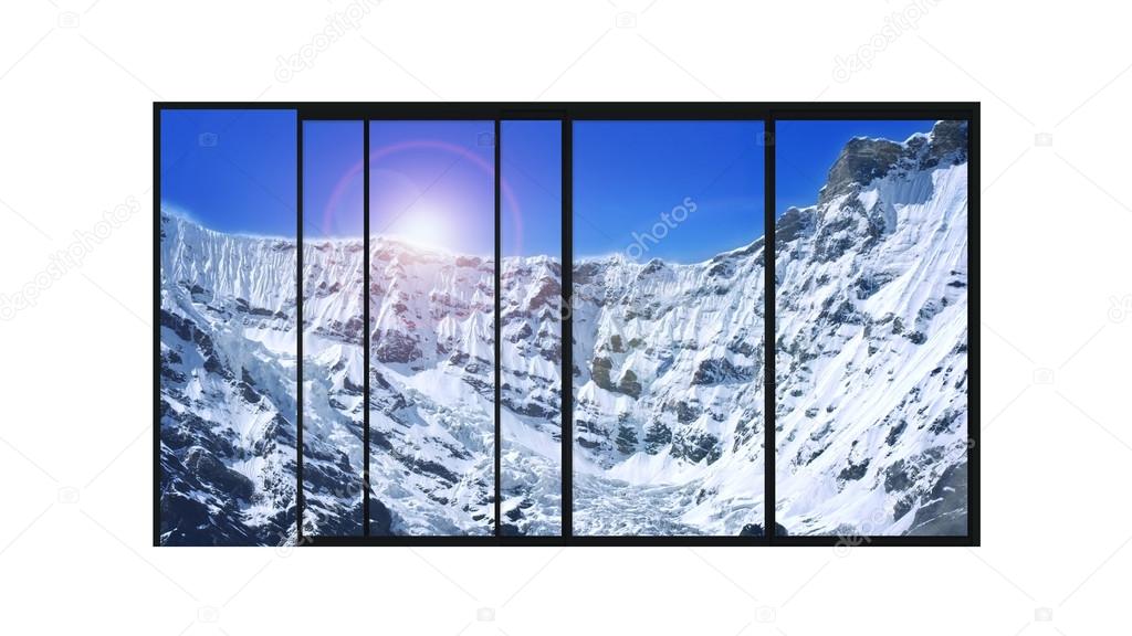 Panoramic modern window snow mountains landscape Stock Photo by ...