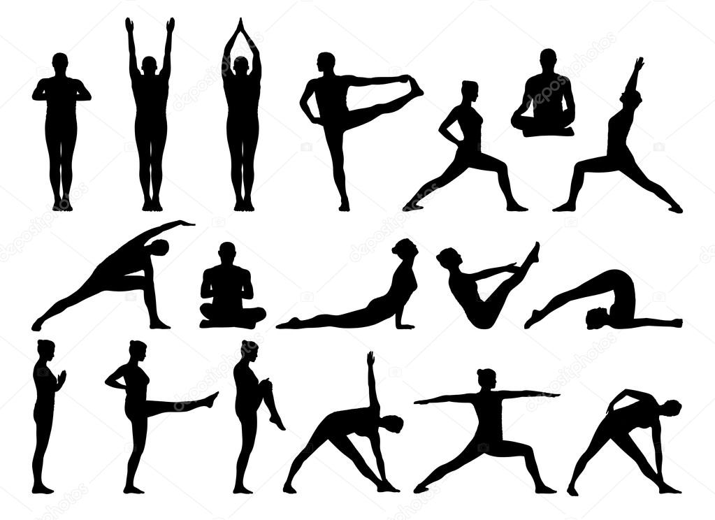 Big set of people practicing yoga silhouettes — Stock Photo ...