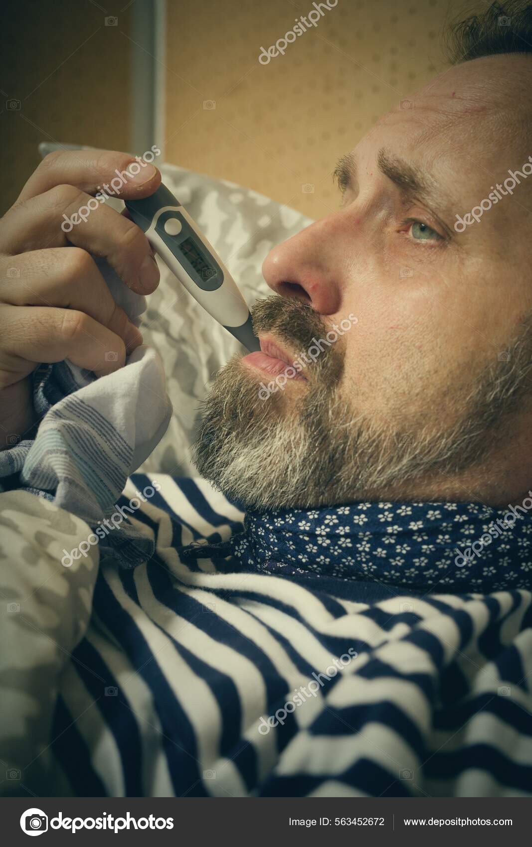 Mature Sick Man Checking Body Temperature Thermometer Stock Photo by ...