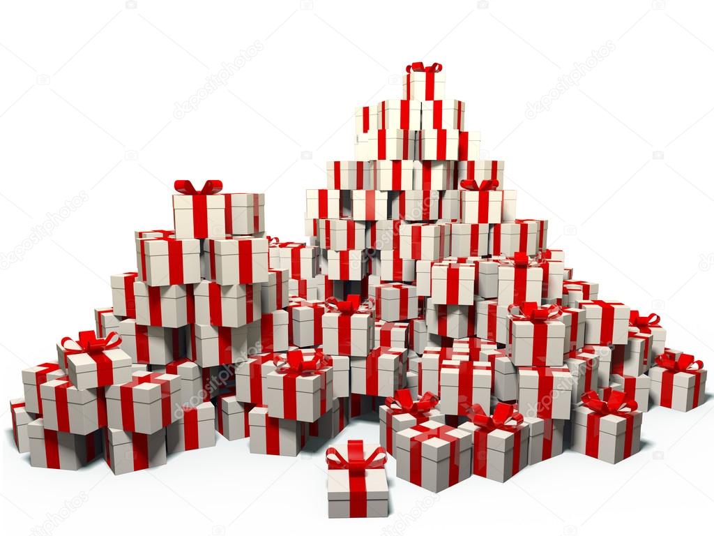 It is a lot of gifts by a holiday in white boxes with a red tape ...