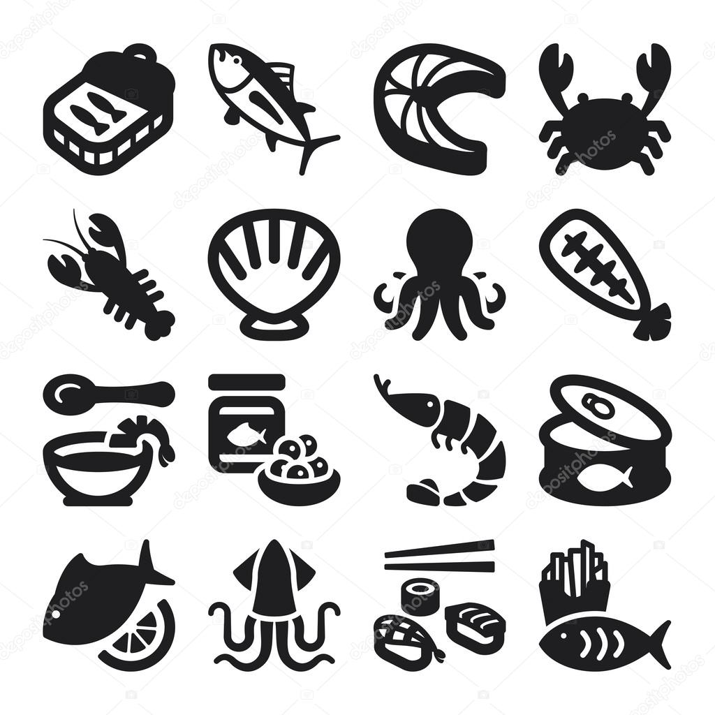 Seafood flat icons. Black — Stock Vector © spiral_media #39757703