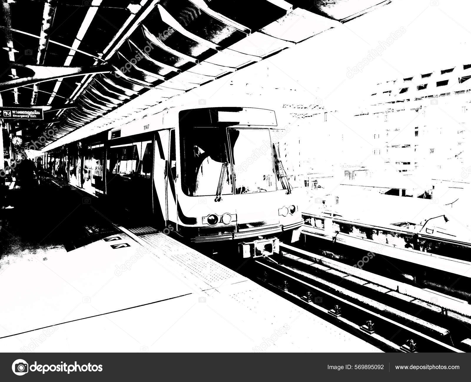 Landscape Sky Train Station City Black White Illustration — Stock Photo ...