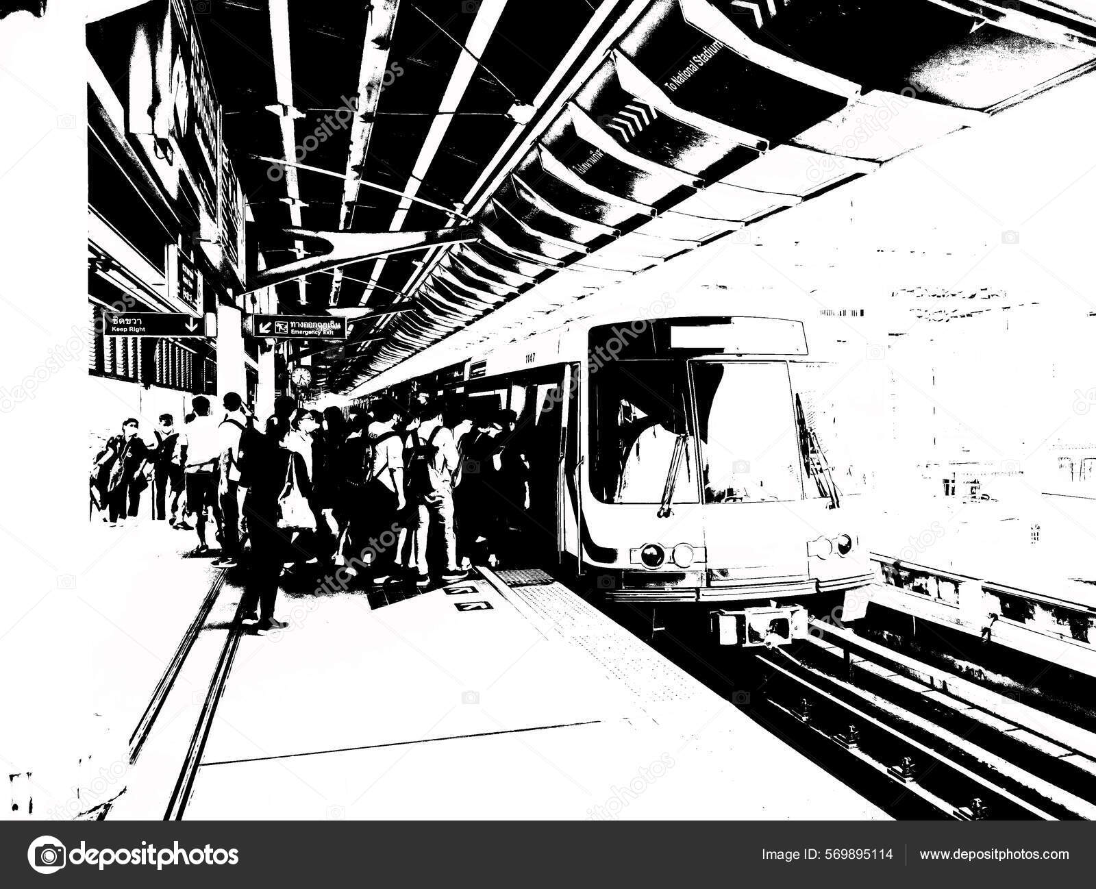 Landscape Sky Train Station City Black White Illustration — Stock Photo ...