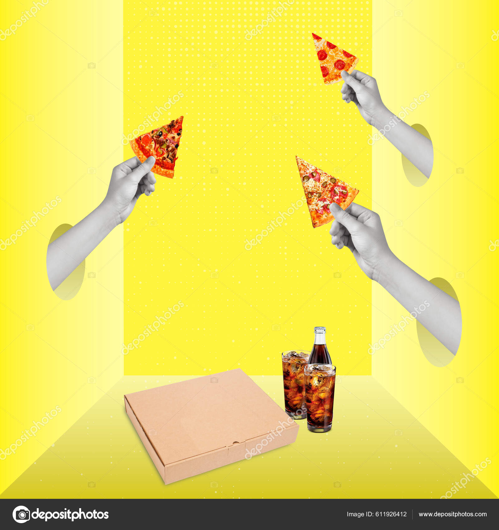 Contemporary Art Collage Hands Pizza Slices Packaging Pizza Glasses ...