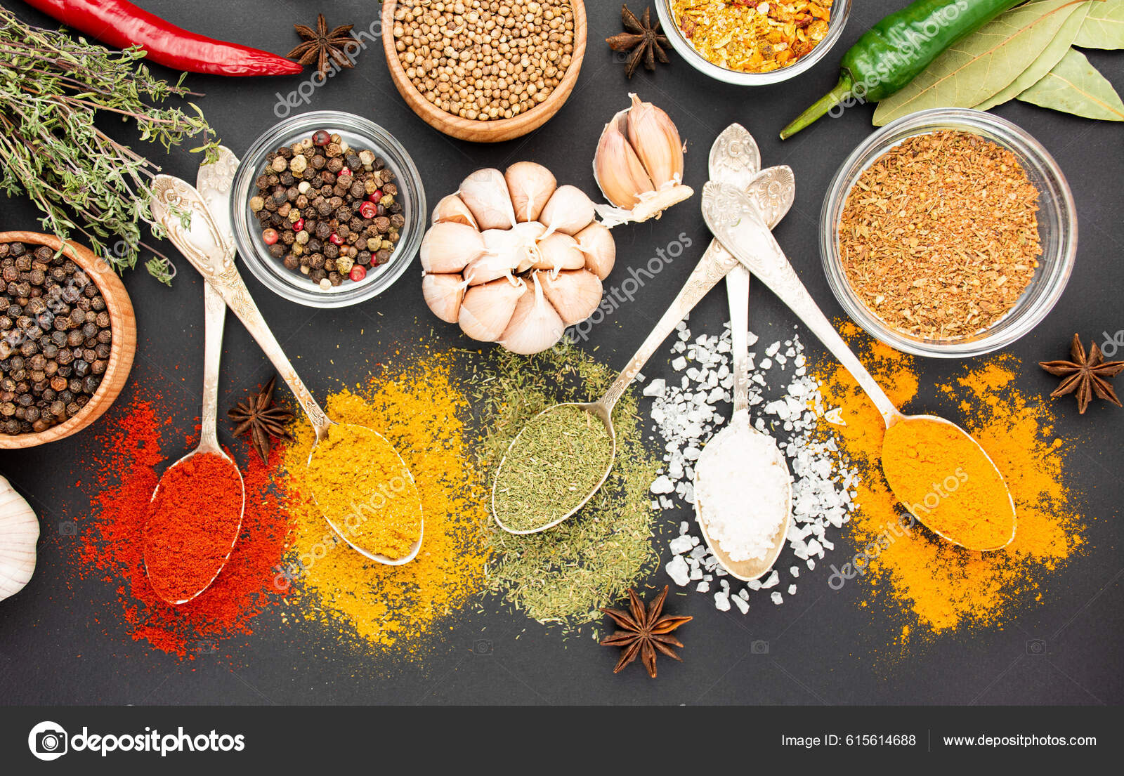 Variety Spices Herbs Dark Table Cooking Background View Ingredients ...