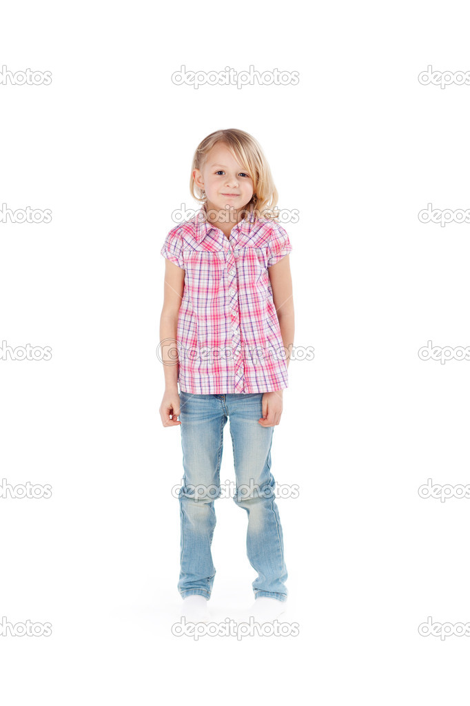 Cute Girl Standing Against White Background Stock Photo by ©racorn 27828841