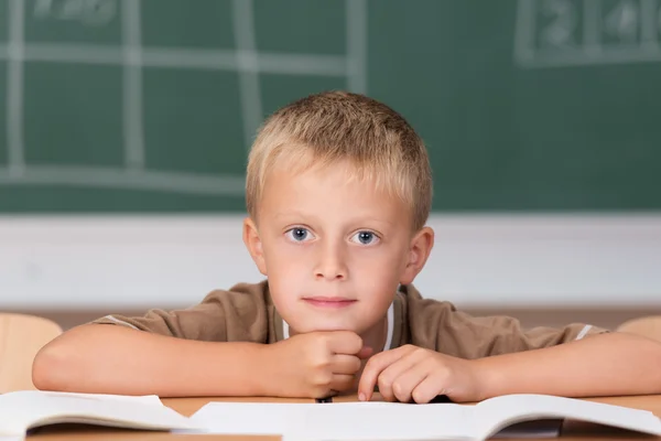 Cute young boy reading in class Stock Photo by ©racorn 51324653