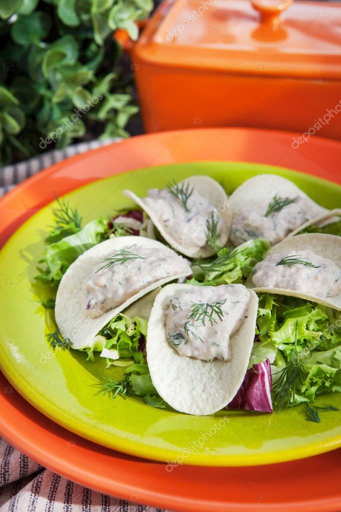 Herring creamy pate on potato chips Stock Photo by ©Kate_Smirnova 43894035