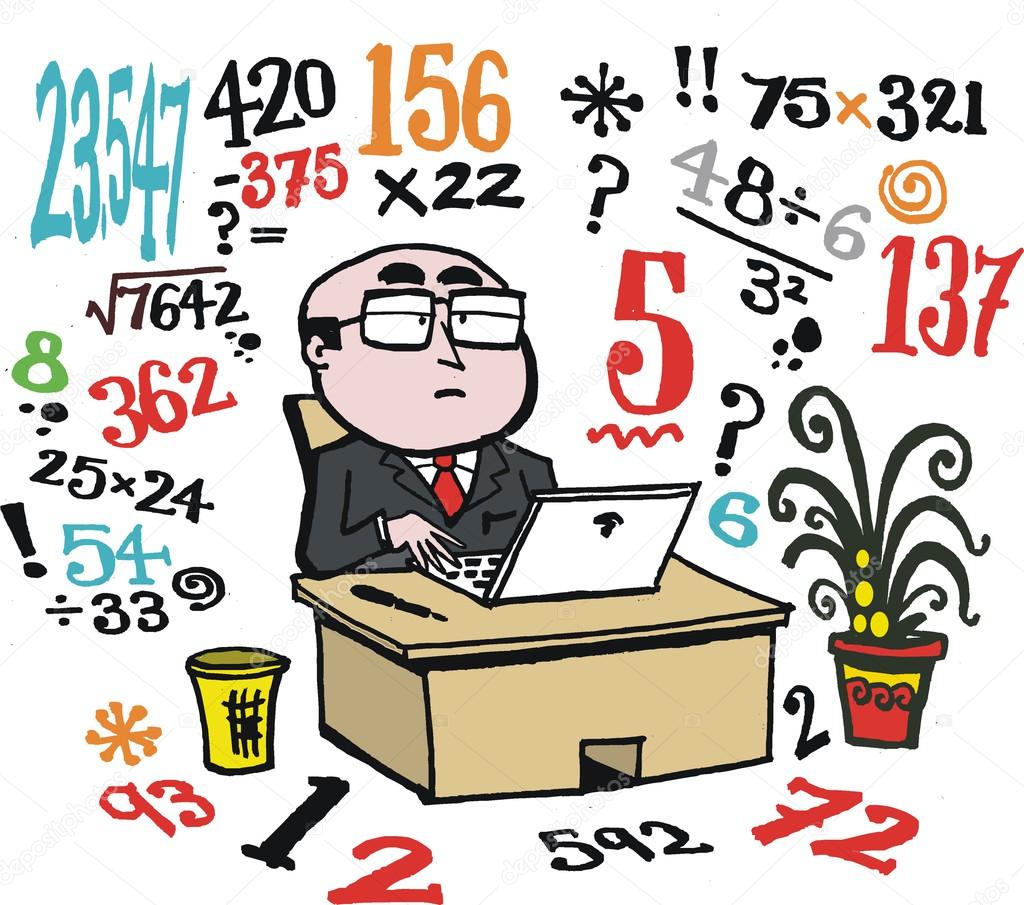 Desenho vetorial de homem de negócios fazendo números cálculos na mesa ...
