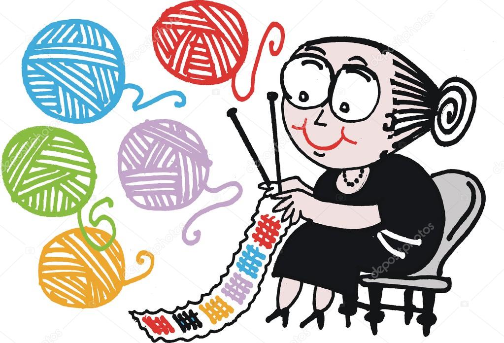 dibujos animados de vector de abuela tejer con diversas bolas de lana ...