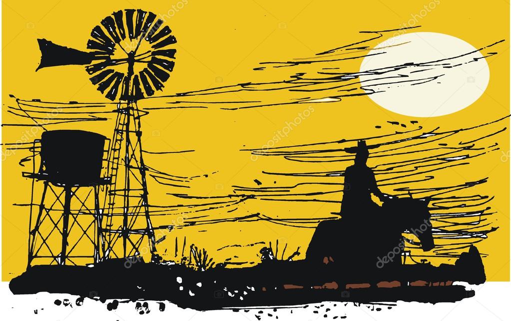Vector drawing of Australian stockman riding horse at sunset. Stock ...