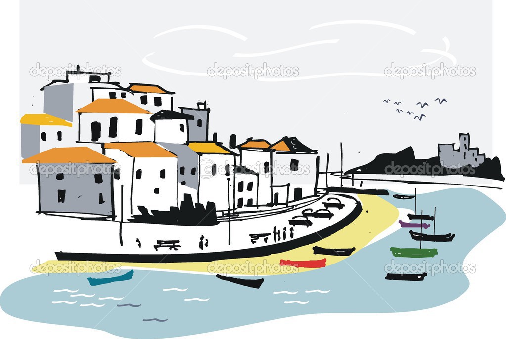 Vector illustration of Algarve fishing village, Portugal. — Stock ...