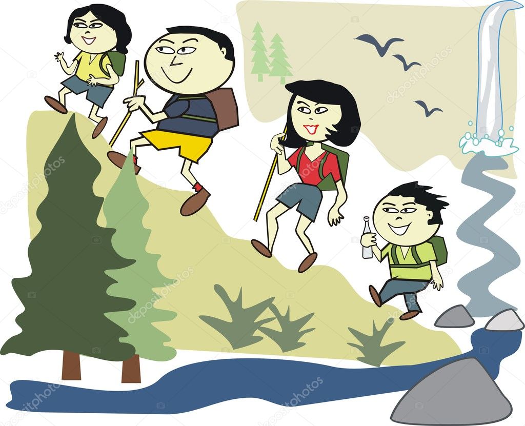 Vector cartoon of happy Asian family hiking in wilderness park — Stock ...