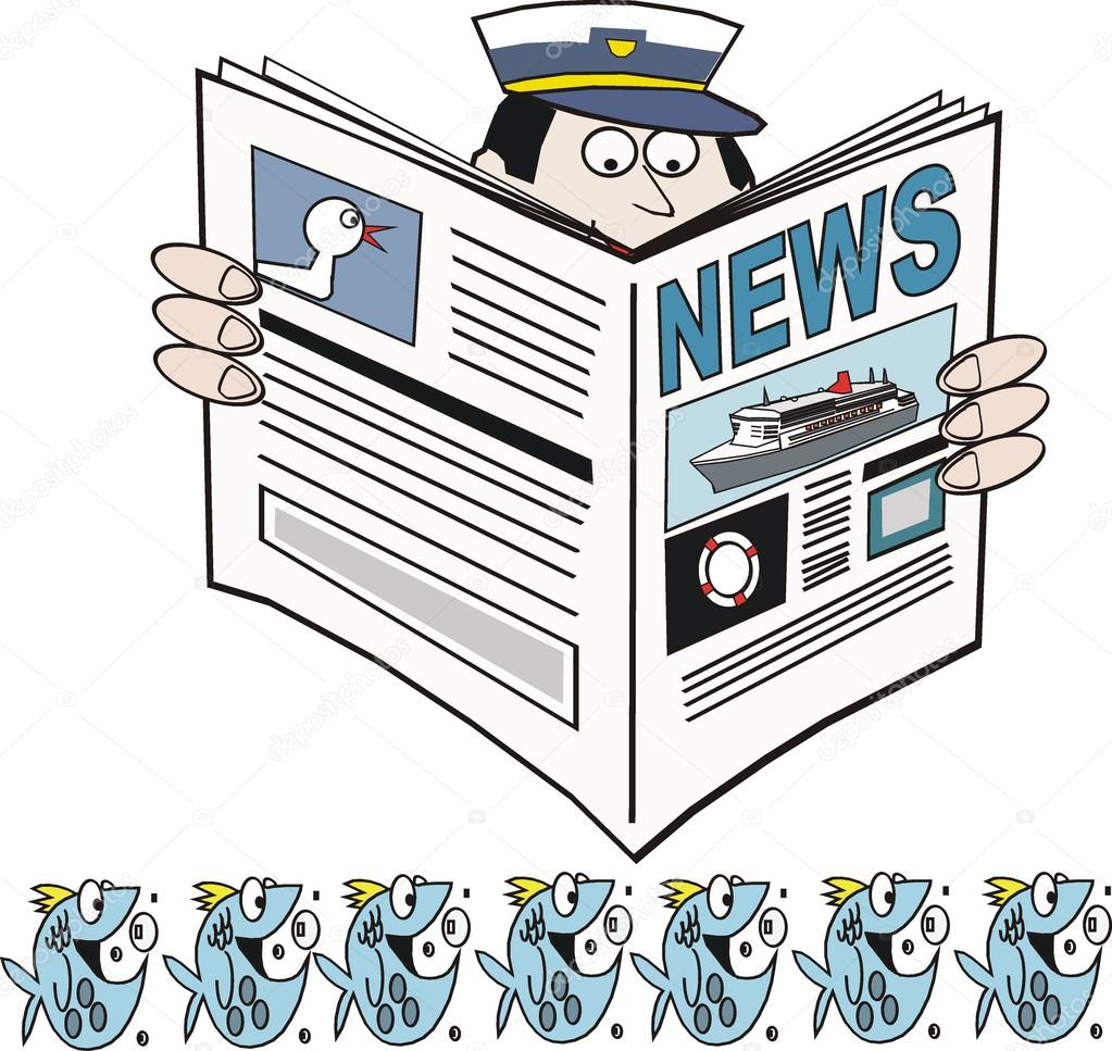 Dibujos animados del capitán del barco leyendo el periódico con peces ...