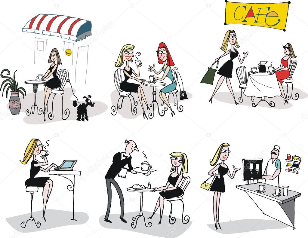 Vector Illustration Of Women Drinking Coffee In Restaurant — Stock