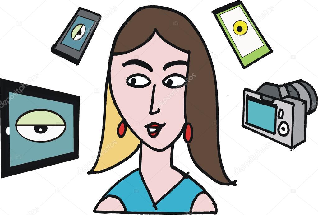 Vector cartoon of woman with tablet, phone and camera Stock Vector ...