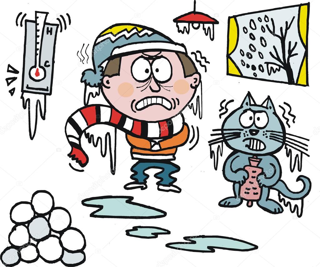 Freezing Cat Cartoon Vector Cartoon Cat And Owner Freezing At Home Icicles — Stock Vector