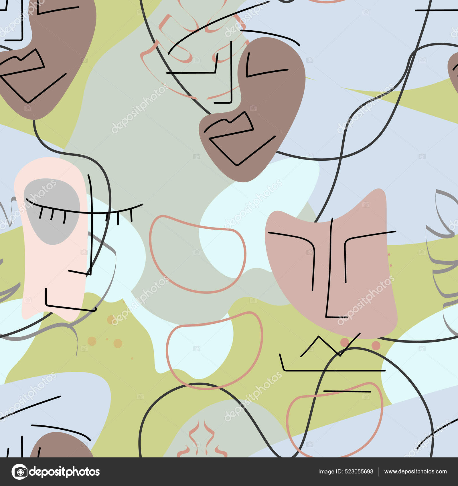 One Line Drawing Abstract Face Seamless Pattern Vector Modern Minimal ...