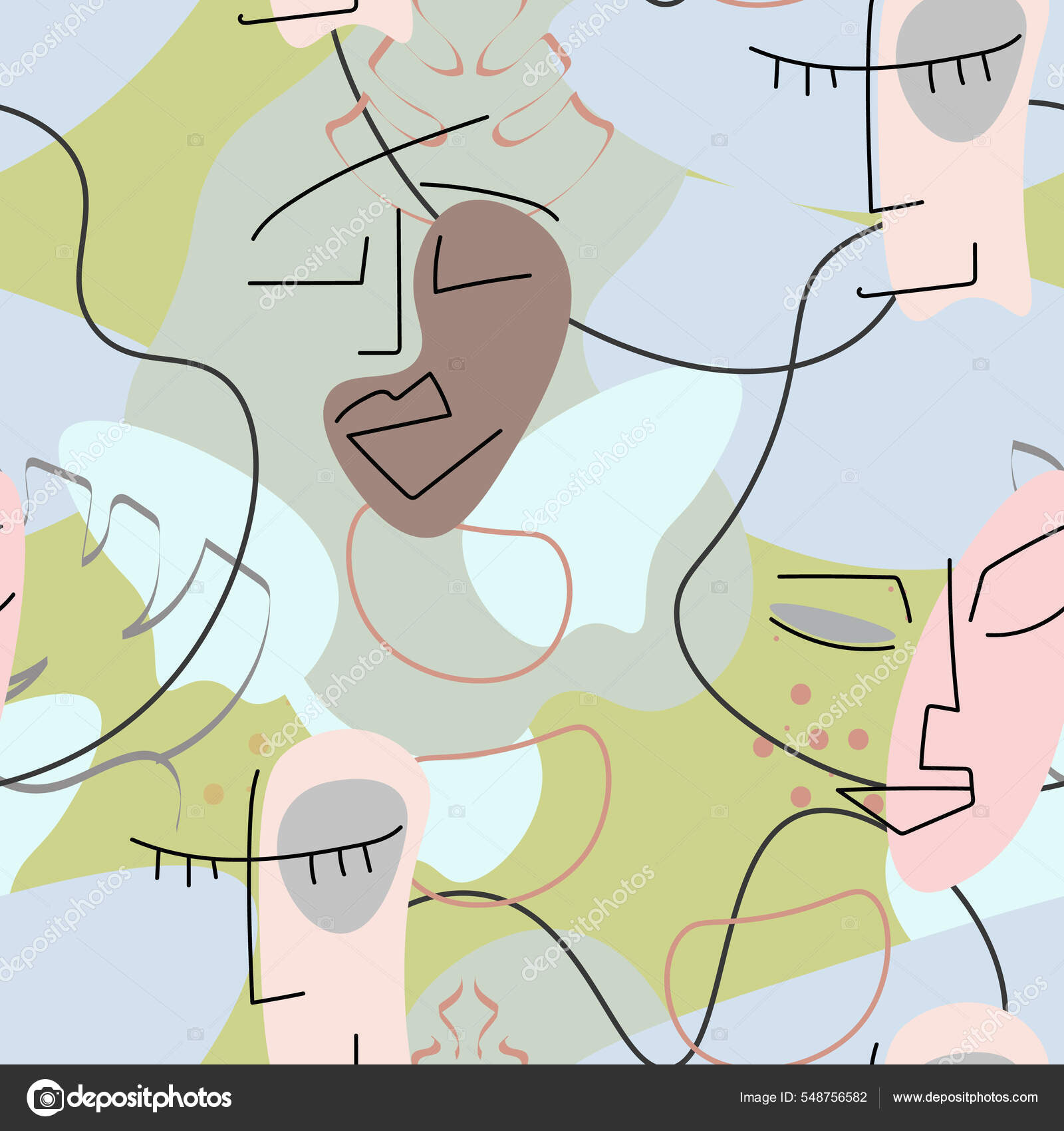 One Line Drawing Abstract Face Seamless Pattern Vector Modern Minimal ...