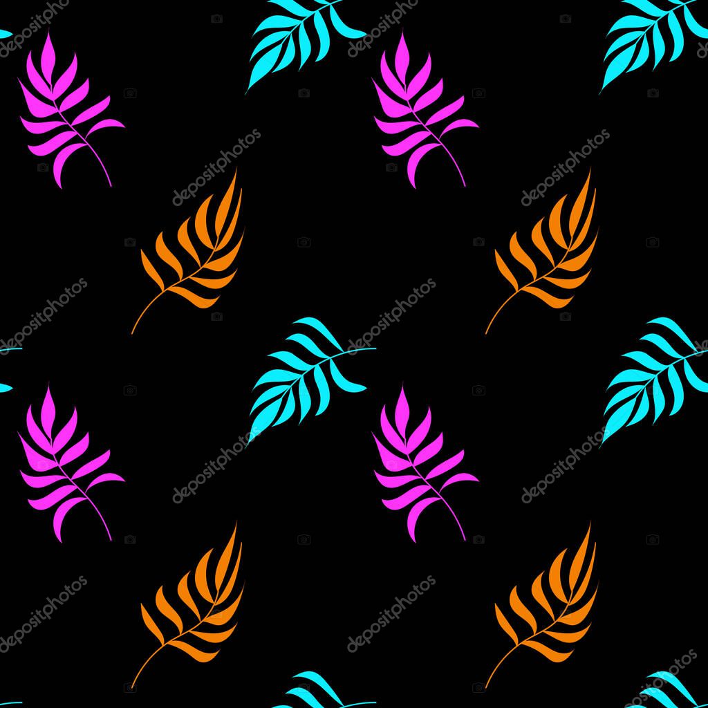 Patr n sin costuras de hojas de palma azul, naranja y rosa sobre un fondo negro. Patr n tropical ...