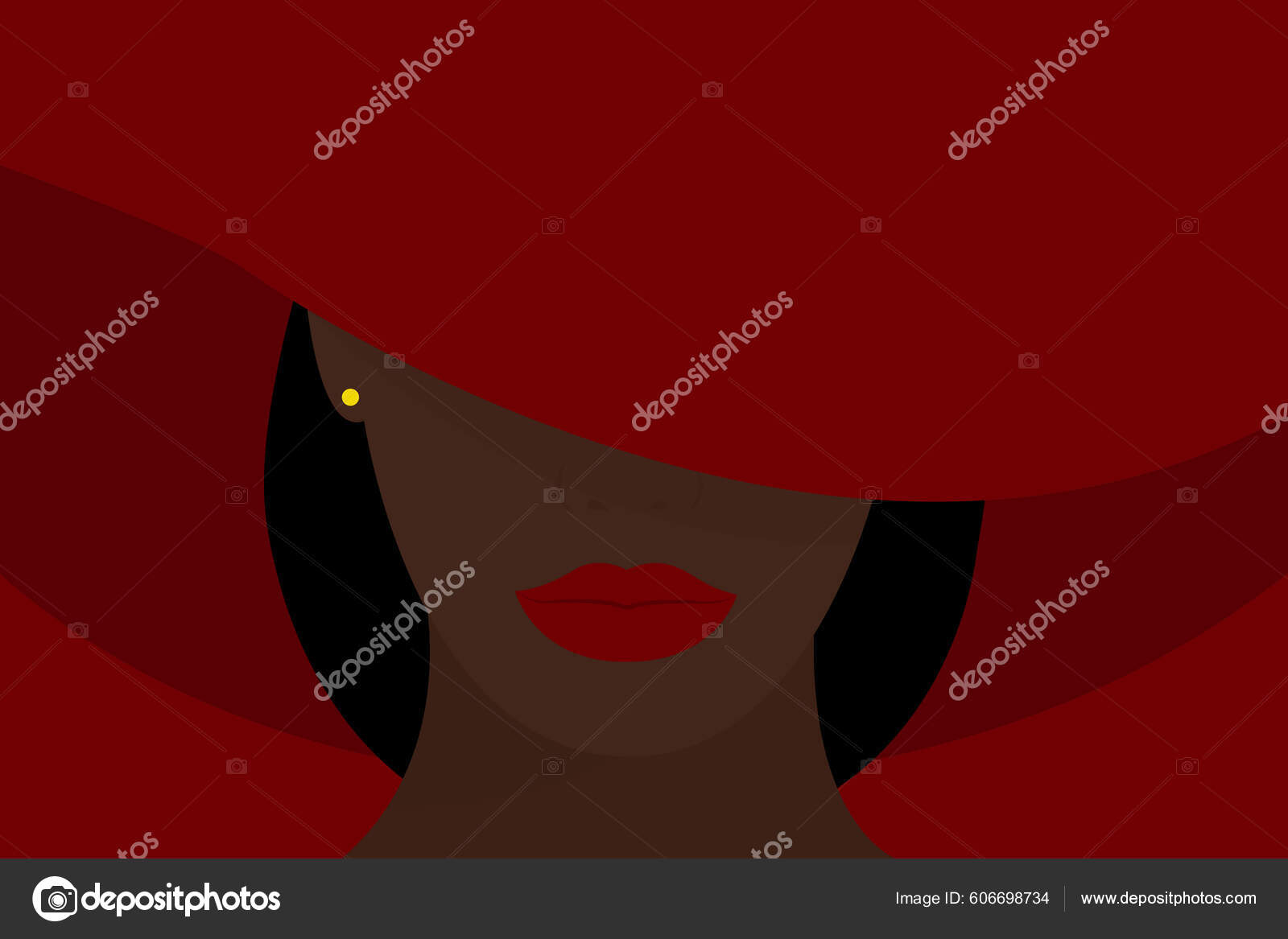 Young African American Woman Black Hair Wearing Wide Brimmed Red Stock